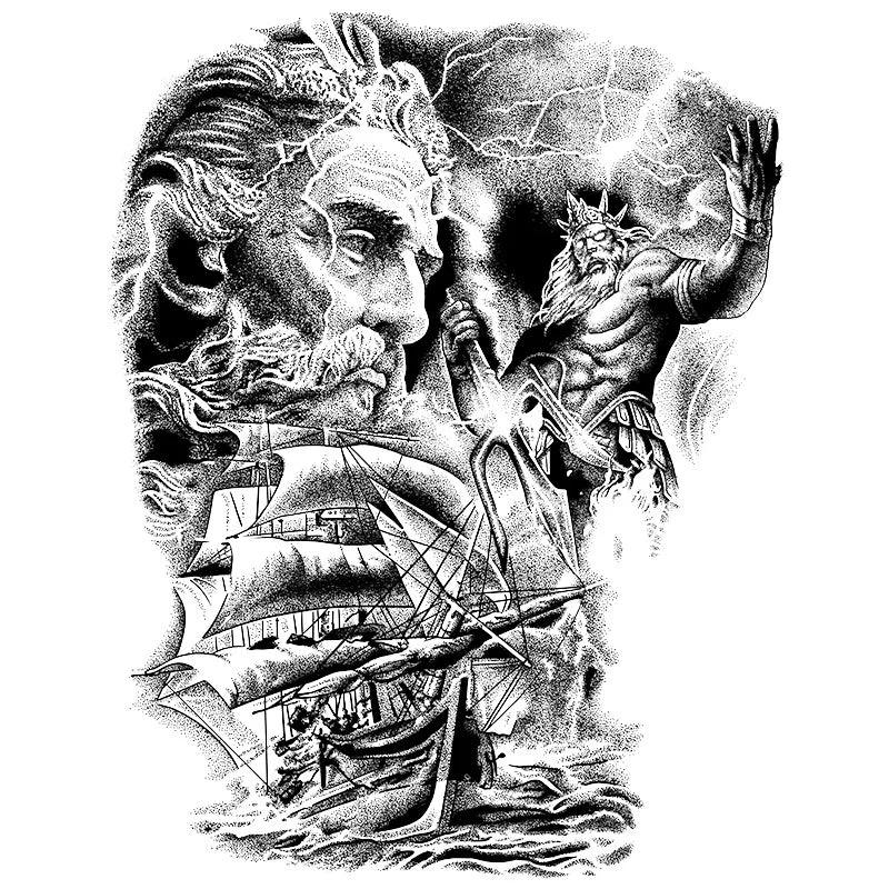 Zeus & Poseidon - Full Back- Semi-Permanent Tattoo