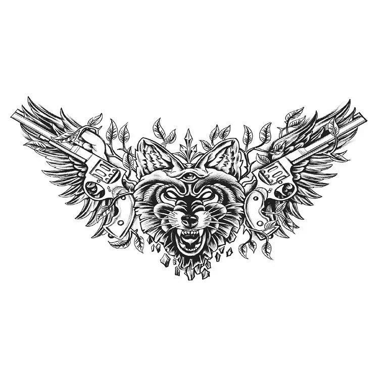 Wolf & Angel Wings & Guns - Semi-Permanent Tattoo